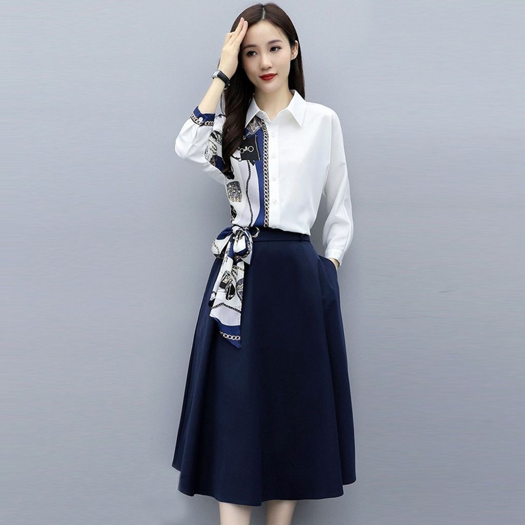 LONG SLEEVE PRINTED BLOUSE AND A LINE SKIRT OOTD8738 – OOTD LONG SLEEVE PRINTED BLOUSE AND A LINE SKIRT OOTD8738 – OOTD