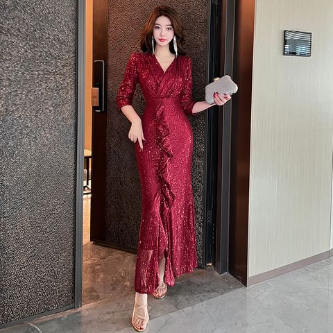 V NECK SEQUIN RUFFLE MERMAID DRESS OOTD20255 – OOTD MALAYSIA