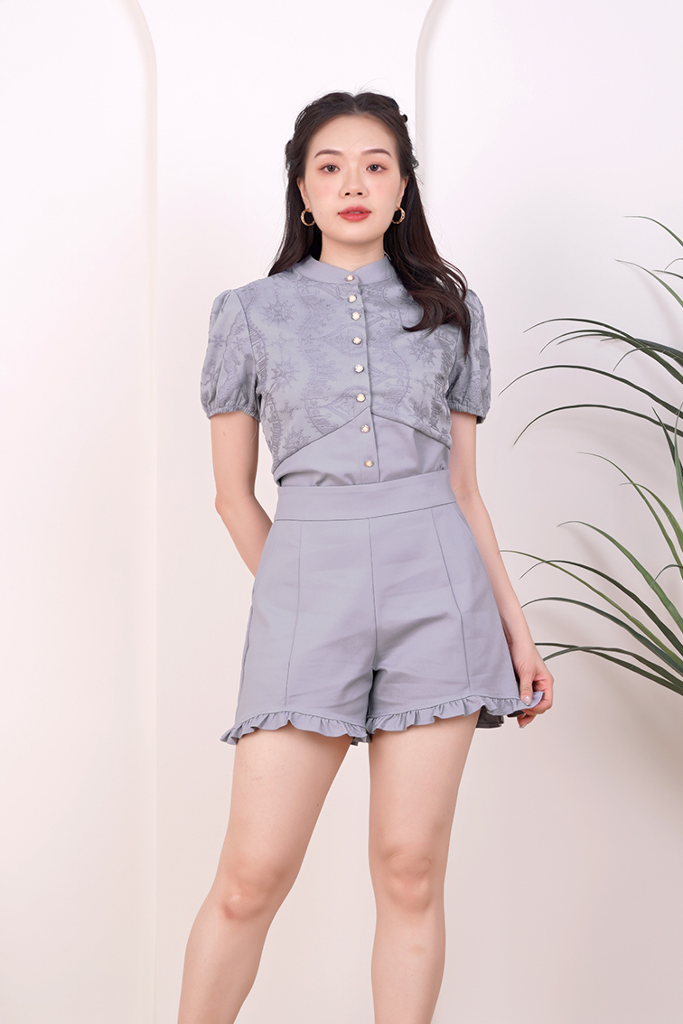 Lace Embroidered Button Up Top & Frill Trim Hem Short Pants Set (Grey ...