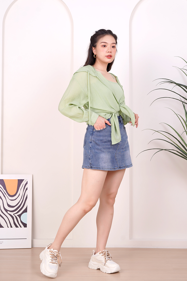 Long Sleeve Half Sheer Hat Shirt With Inner Top (Apple Green) – FINE LABEL