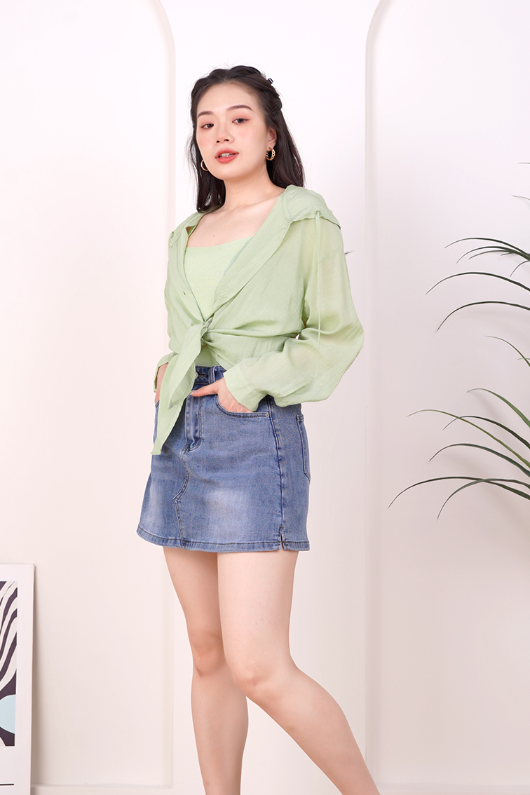 Long Sleeve Half Sheer Hat Shirt With Inner Top (Apple Green) – FINE LABEL