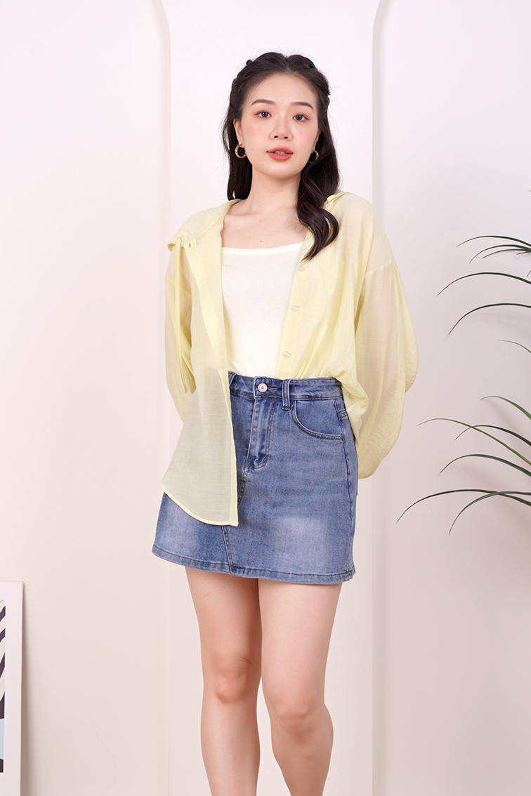 Long Sleeve Half Sheer Hat Shirt With Inner Top (Yellow) – FINE LABEL