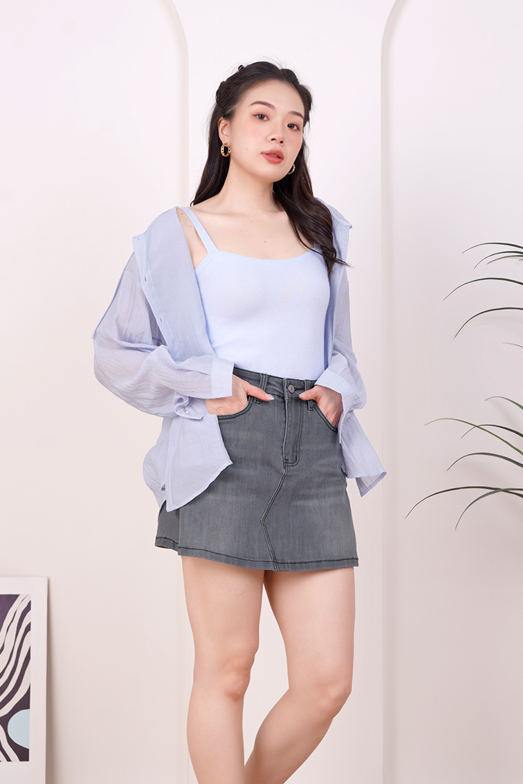 Long Sleeve Half Sheer Hat Shirt With Inner Top (Light Blue) – FINE LABEL