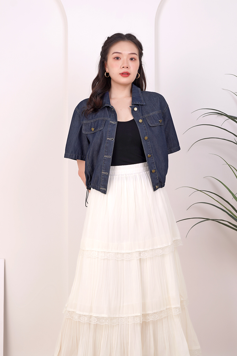 Silver Button Details Fake Flap Collar Denim Top (Dark Denim) – FINE LABEL