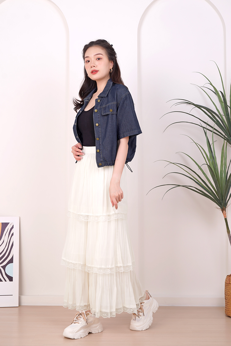 Silver Button Details Fake Flap Collar Denim Top (Dark Denim) – FINE LABEL