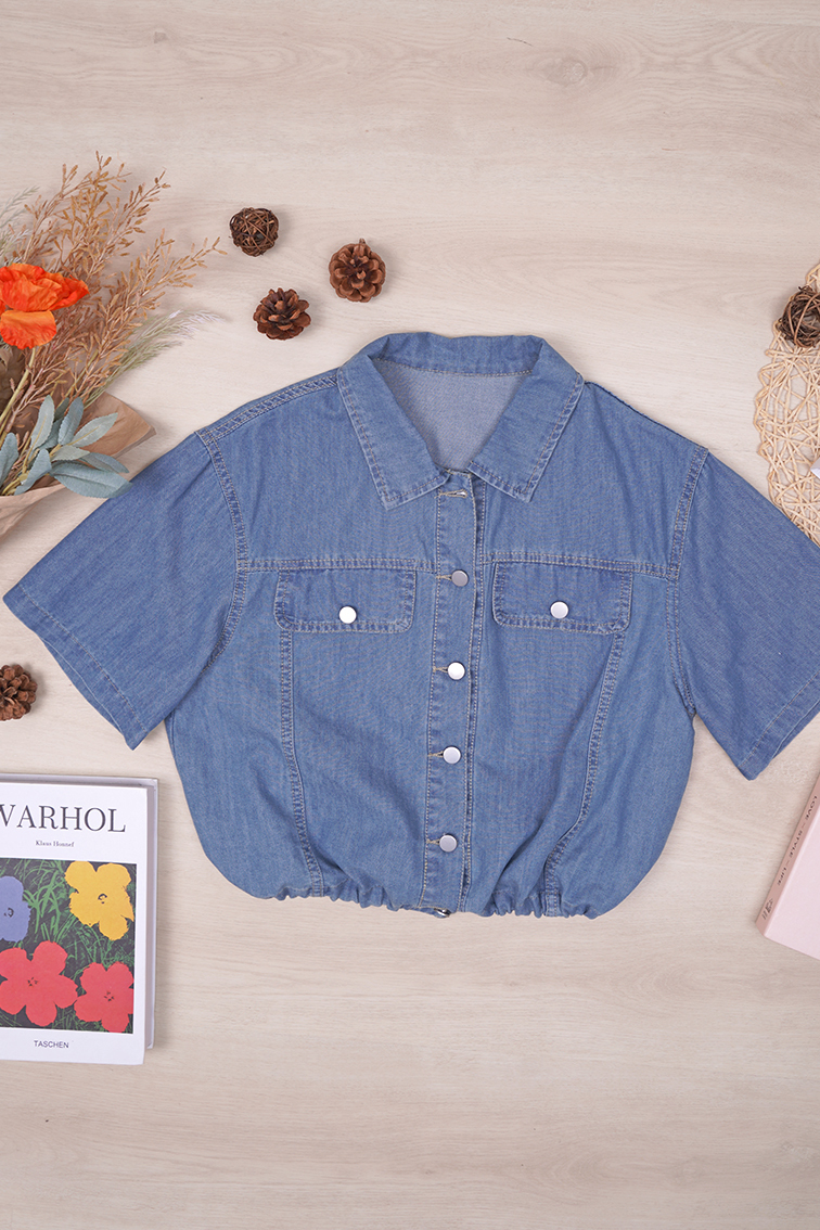 Silver Button Details Fake Flap Collar Denim Top (Medium Denim) – FINE ...
