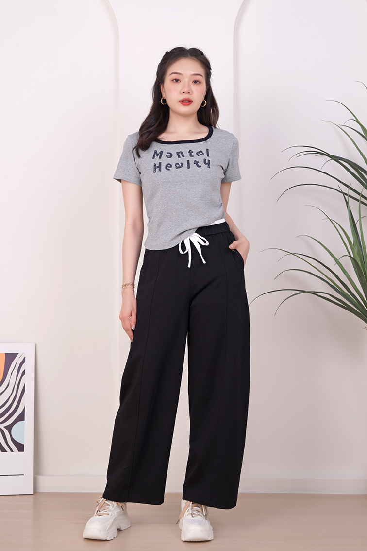 White Contrast Trim Hight Waist With Tie Casual Long Pants (Black ...