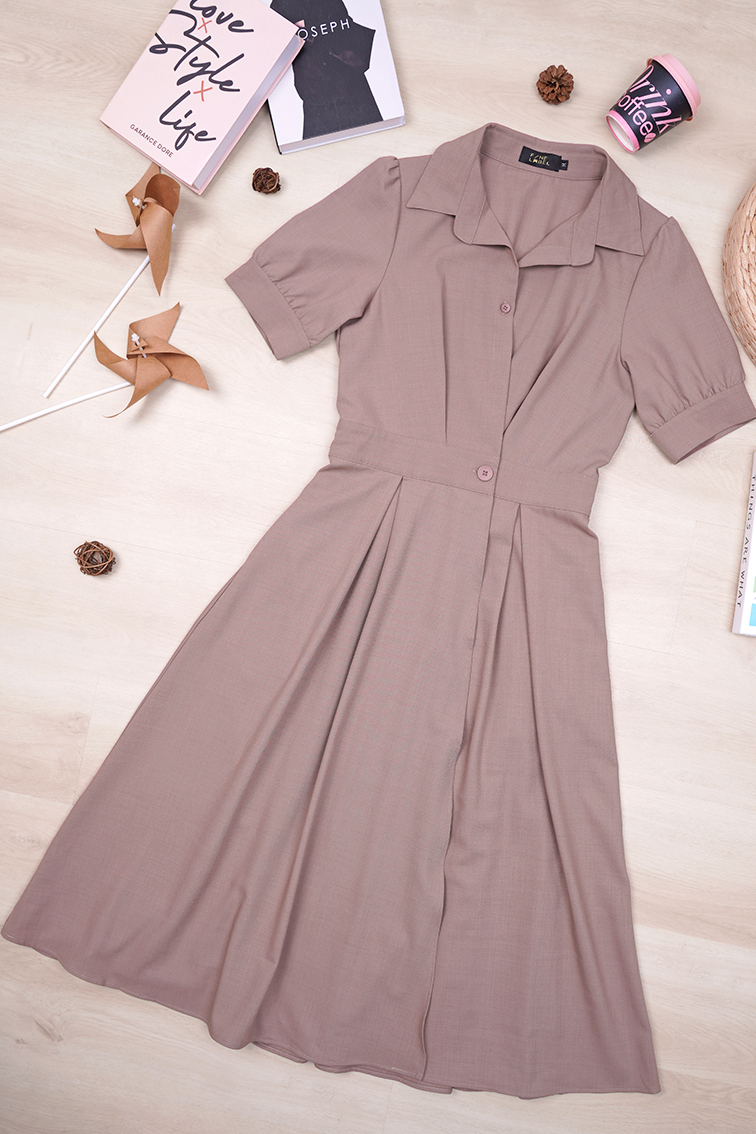 FINE Cuff Short Sleeve Overlay Details Crinkle Long Dress (Red Bean ...