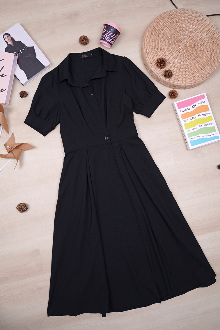 FINE Cuff Short Sleeve Overlay Details Crinkle Long Dress (Black ...