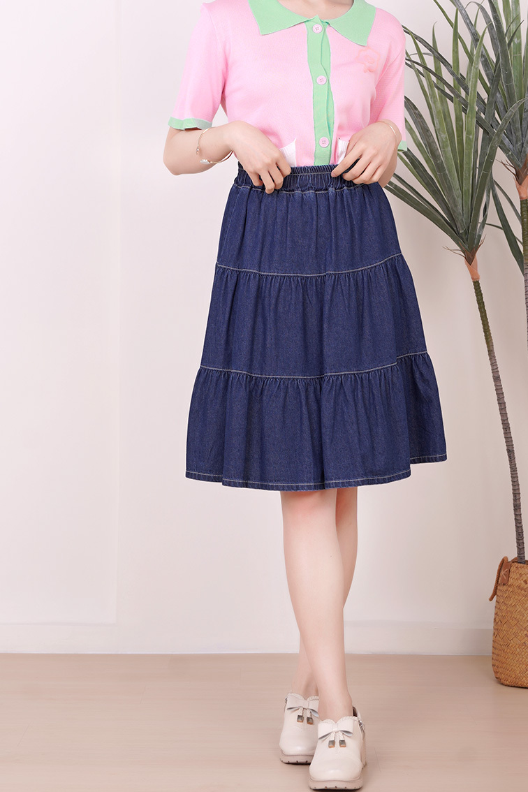Waistband Crinkle Tiered Denim Skirt (Medium Denim) – MIYACO