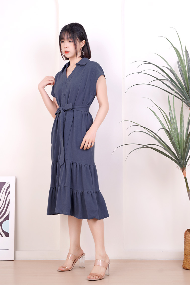 Magyar Sleeve Button Up Waist Tie Tiered Midi Collar Dress (Grey Blue ...