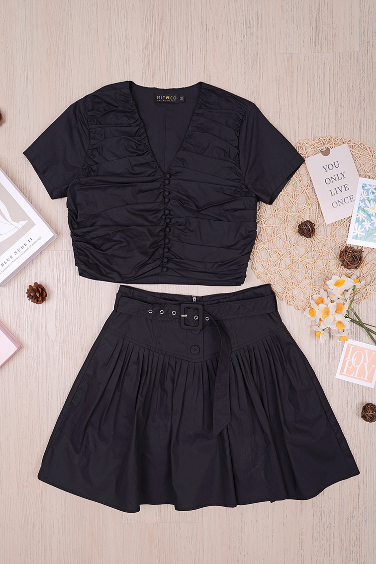 MIYACO V Neck Button Down Top & High Waist Belted Skort Crinkled Set (Black)