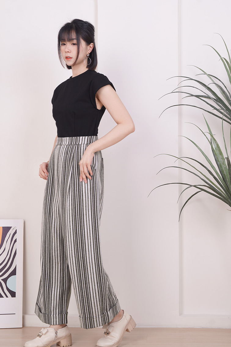 MIYACO Magyar Sleeve Plain Top Stripe Long Jumpsuit (Black + Khaki)