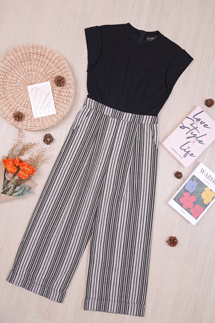 MIYACO Magyar Sleeve Plain Top Stripe Long Jumpsuit (Black + Khaki)