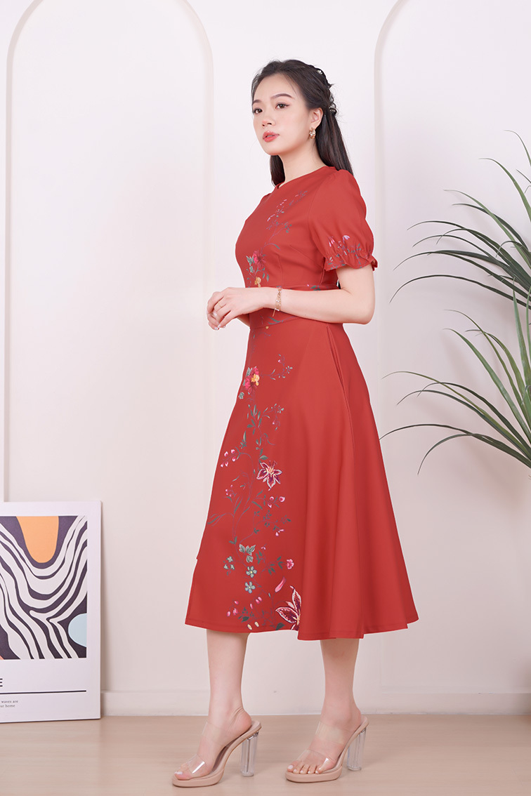 V Neck Floral Printed Side Hem Cut Midi Dress (Red) – FINE LABEL