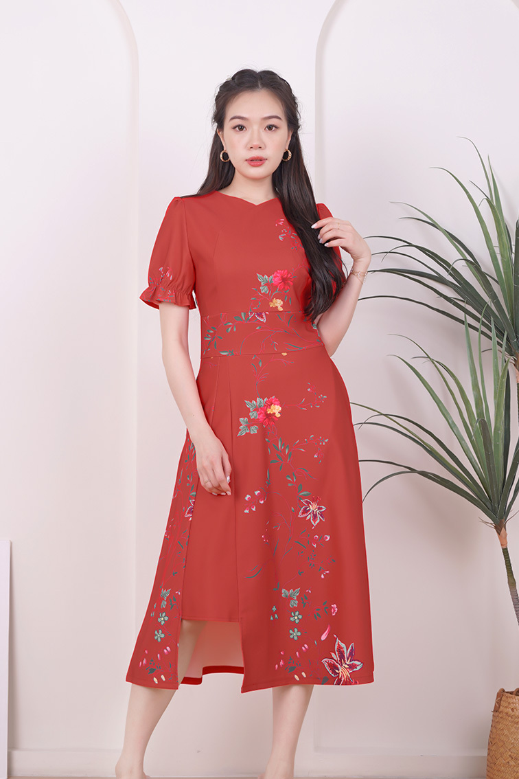 V Neck Floral Printed Side Hem Cut Midi Dress (Red) – FINE LABEL