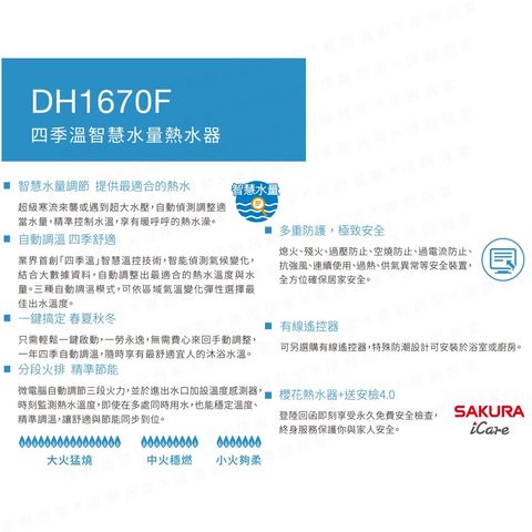 【櫻花Sakura 】 DH1670F 16L 四季溫智慧水量熱水器 強制排氣 水量伺服器 水量調整 智能恆溫 分段火排 – 康廚居家－廚衛設備的第一品牌｜Takara琺瑯廚具｜瓦斯爐｜抽油煙機