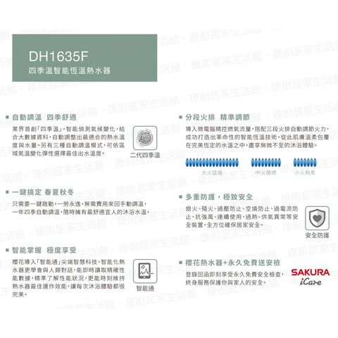 【櫻花 SAKURA】16L 四季溫智能恆溫熱水器 DH1635F (NG1/LPG FE式 ) 強制排氣 智能恆溫 分段火排 智能偵測 自動調溫 – 康廚居家－廚衛設備的第一品牌 ...