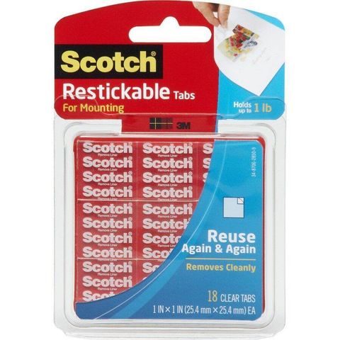 3M Scotch Restickable Tabs, 1 x 1inch, Clear, 18-Tabs(R100) / 1x3inch ...