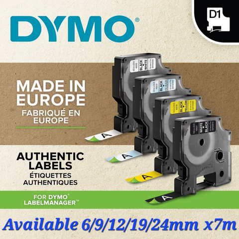 DYMO D1 Standard Polyester Labels 6mm 9mm 12mm 19mm 24mm x 7meters ...