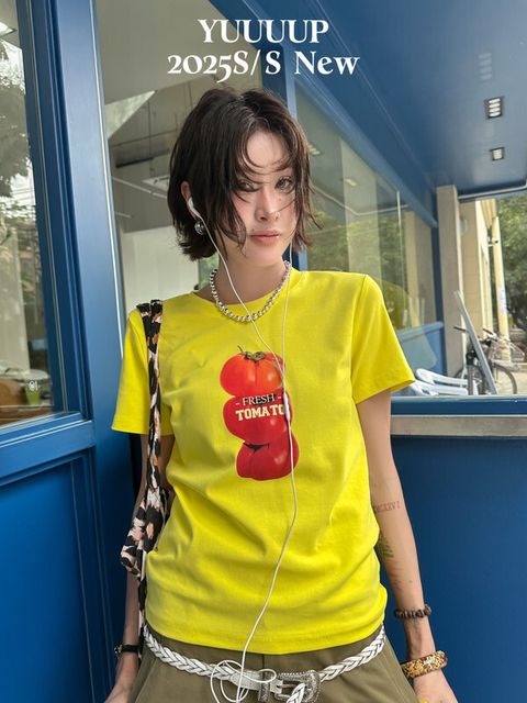 FISH YU 】美式番茄字母印花彈力修身短款短袖T恤 – X.O.X.O.