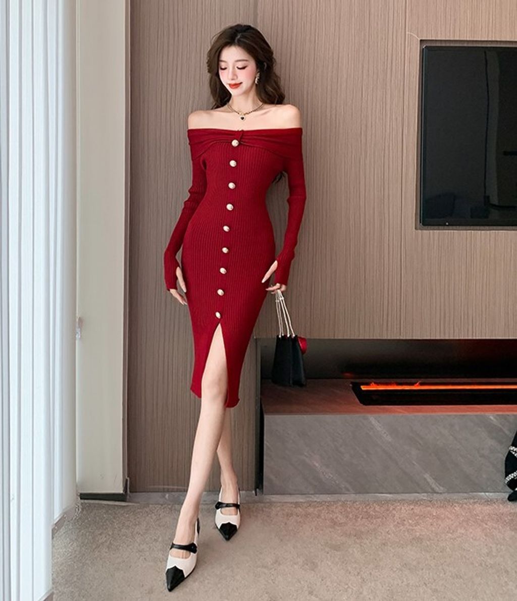 OFF SHOULDER FRONT SLIT DRESS KF6925 – Katrina Fashion