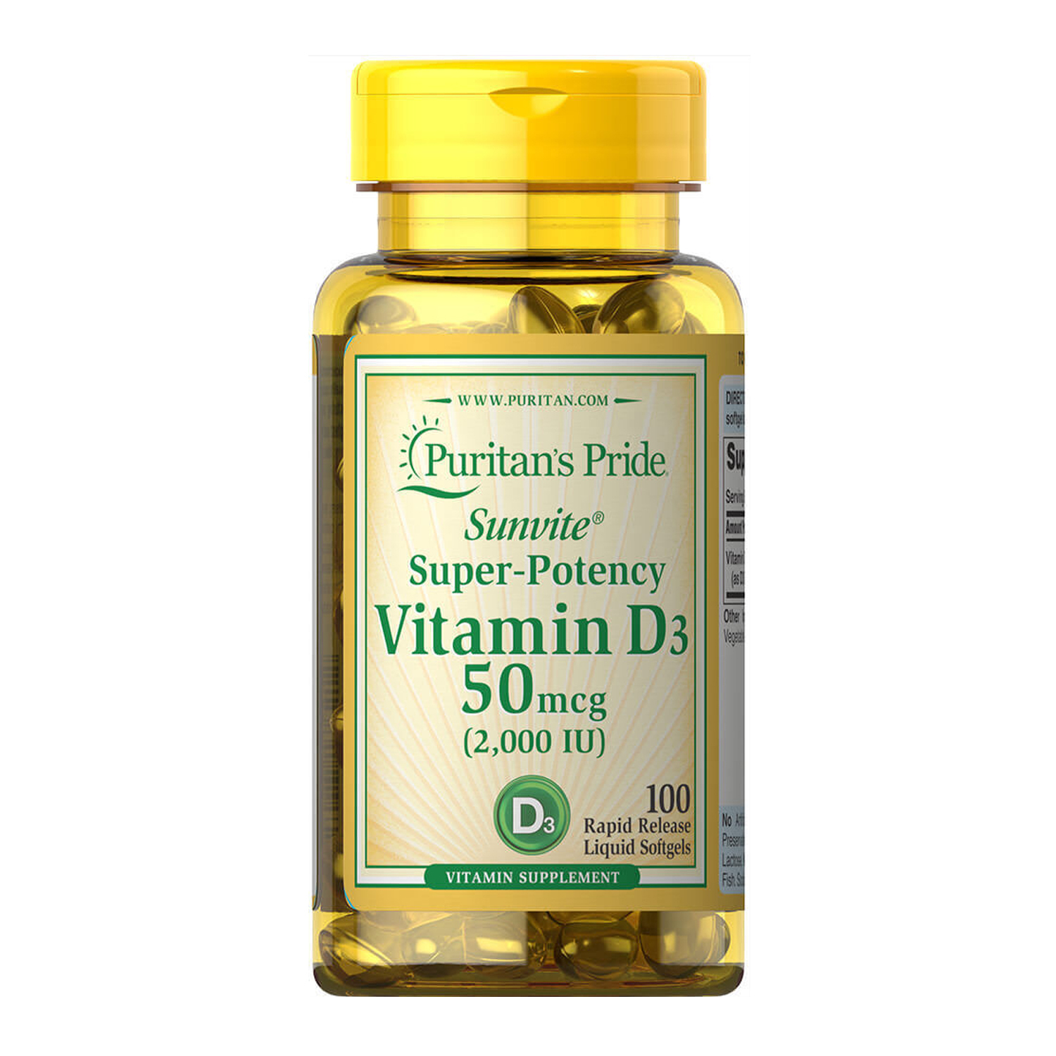 Puritans Pride Sunvite Super Potency Vitamin D3, 50mcg, 2000iu, 100 ...