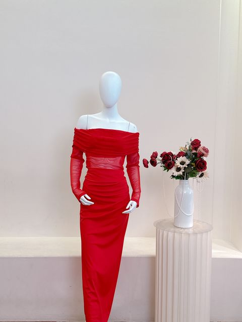 Off-Shoulder Sheer Red Dress – Monices By Sua