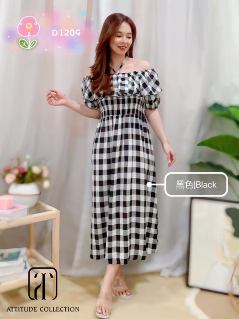 D1209 Plaid Contrast Shirred Ramie Dress – Attitude Collection