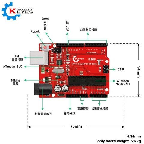 KEYES原廠 UNO開發板 Arduino Uno R3 完全相容 附USB線 – 傑森創工 - 網路商店 - Arduino、樹莓派的專家，創客的好朋友