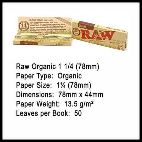 Raw Rolling Papers 1 1/4 78mm Classic Organic Black Black Organic ...