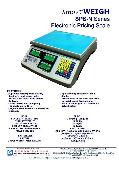 SMARTWEIGH SPS-N 15kg & 30kg SERIES ELECTRONIC PRICING SCALE – SIN HUAT ...