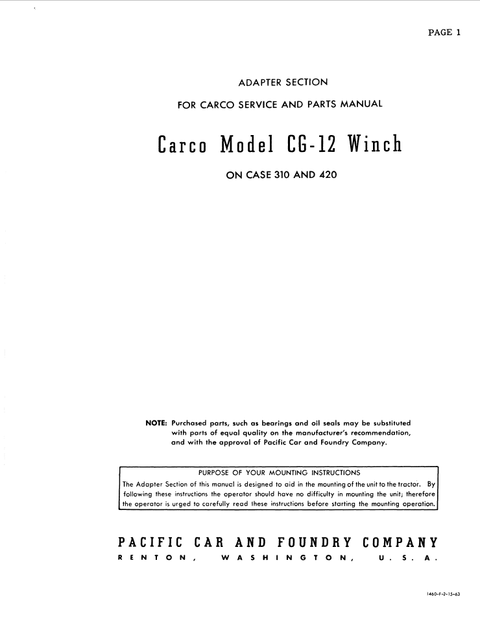 CARCO Winch Model CG-12, CG12 Winch for CASE 420 prior to S/N 3012301 ...