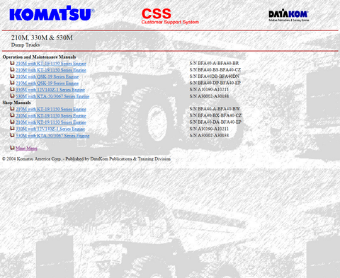 Komatsu CSS Customer Support System Dump Trucks Series Technical Publications Manuals 2004 ...