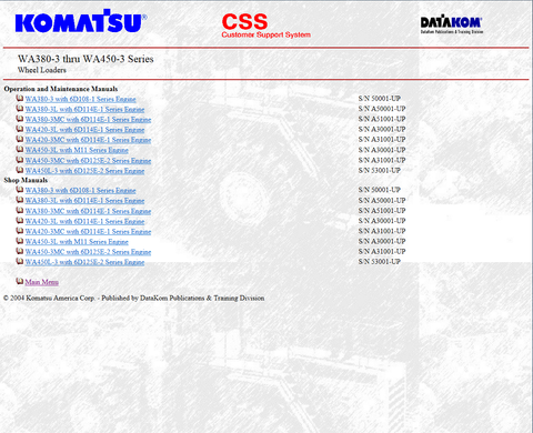 Komatsu CSS Customer Support System Wheel Loader WA380-1LC thru WA480-6 Series Technical ...