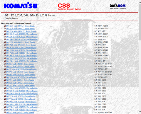 Komatsu CSS Customer Support System Crawler Dozer D20P-7A thru D85EX-15/PX-15E0 Series Technical ...