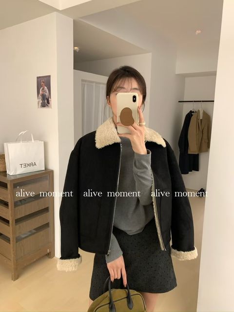 Freesia 68157 羊羔毛翻領拉鍊時毛機車外套(2color) – FreesiaBoutique