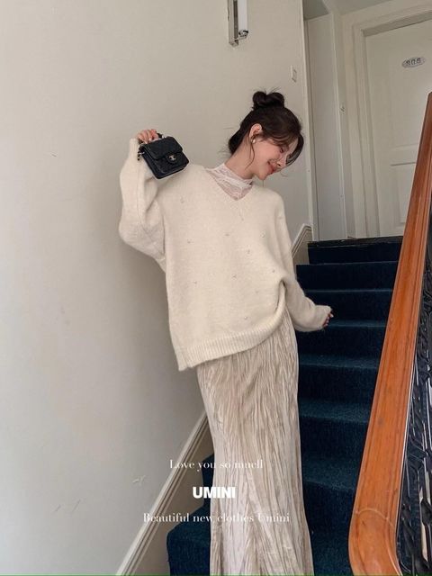 Freesia 6070 蕾絲內搭+20%羊毛珍珠針織兩件套 – FreesiaBoutique