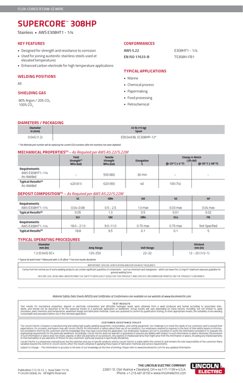 METRODE (UK) FLUX-CORED (FCAW-G) Wire SUPERCORE™ 308HP (AWS E308HT1 - 1 ...