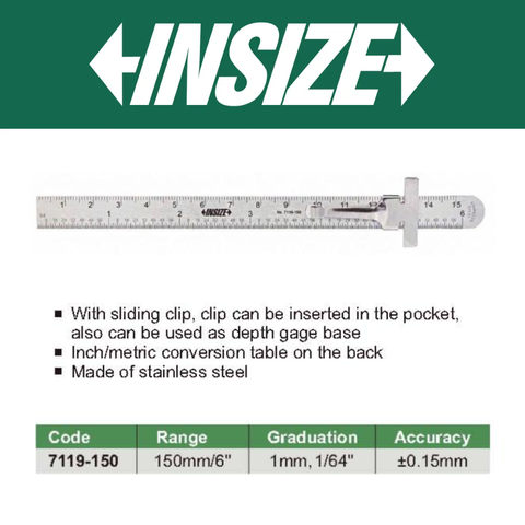 INSIZE Pocket Rule with Sliding Clip 6"/ 150mm (Graduation: 1/64", 1mm ...