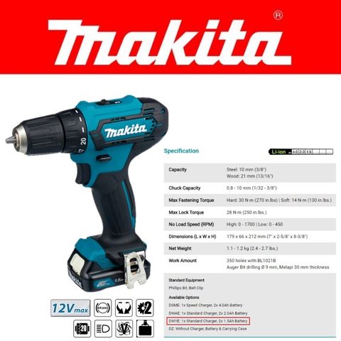 MAKITA Cordless Driver Drill 10mm (3/8") 12Vmax Set w 1x Standard ...