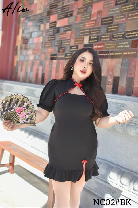 PLUS SIZE CHEONGSAM [CHINESE KNOT CHEONGSAM SMALL SLITDRESS ]#NC02BK #中 ...
