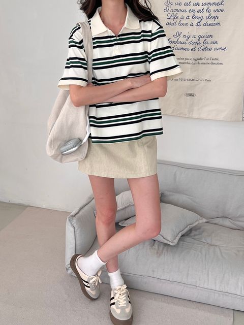 Retro Striped Polo Tee - White – Lewildfactory