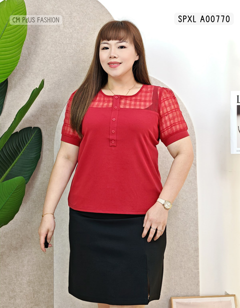 💖(OFFER)SPXL A00770 格纹网纱拼接弹力上衣 – CM PLUS FASHION