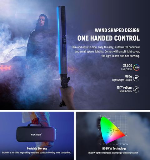 NEEWER RGB2 LED Tube Light Stick with Metal Barndoor 20W 90mins Battery ...