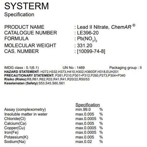 Lead 2 Nitrate AR / Plumbum 2 Nitrat, Systerm (500g) CAS No 10099-74-8 ...