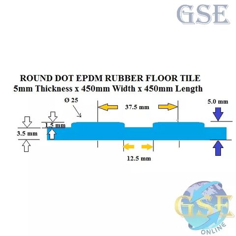EPDM Rubber Stud Floor Tiles, Anti-slip, 4 colours, 5mm Thick x 450mm W ...