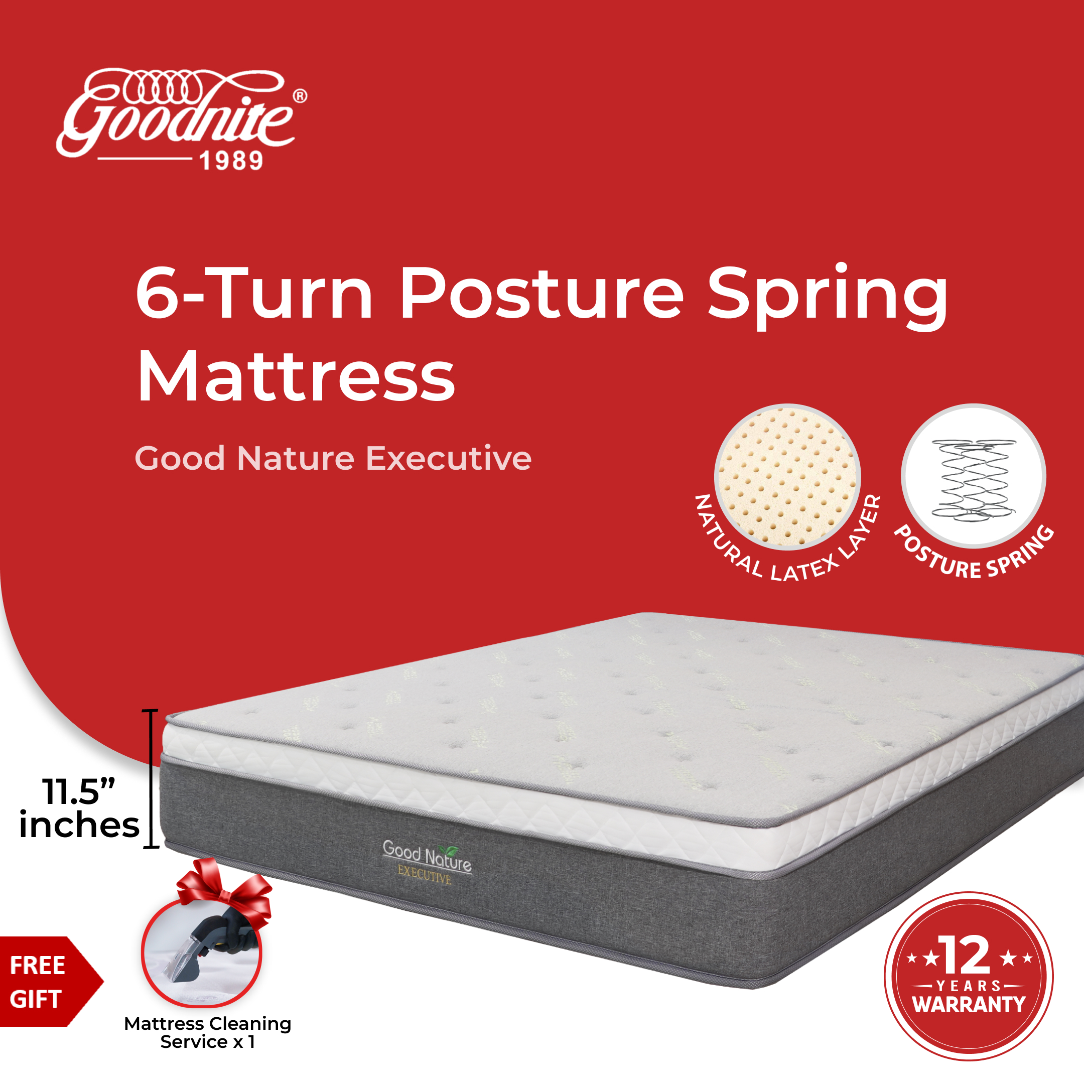 Goodnite Good Nature Executive Posture Spring Mattress 11.5 Inch with Single Super Single Queen King Goodnite Outlet