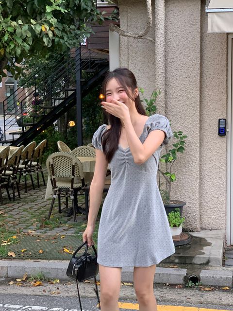 KA008 法式公主絨布點點洋裝（白/灰） – Candise 겐다이스
