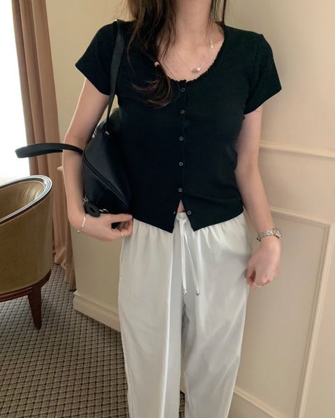 FRILL TRIM RIBBED BUTTON TOP [4 COLOR] – Pickles Studio